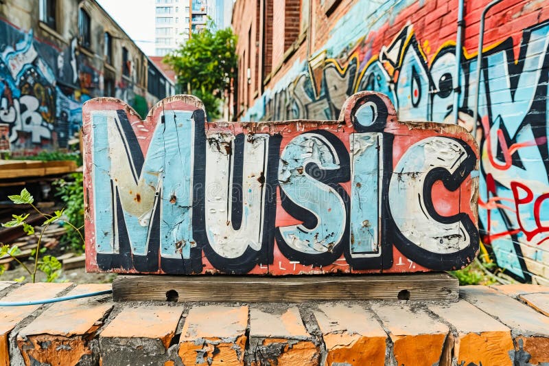 A Sign that Says Music in Front of Graffiti. Generative AI Stock Photo ...