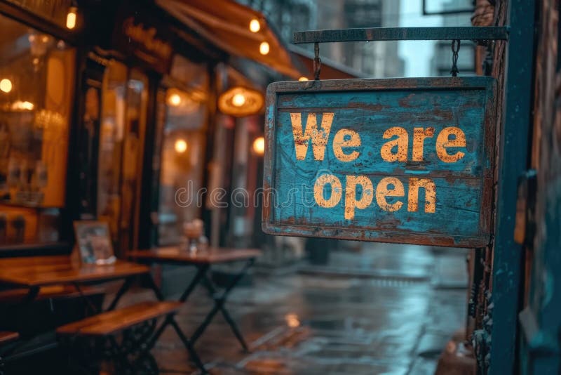 A Sign that Says we are Open Hanging from a Building Stock Photo ...