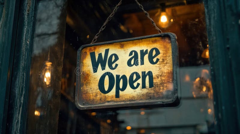 A Sign that Says we are Open Hanging from a Window Stock Illustration ...