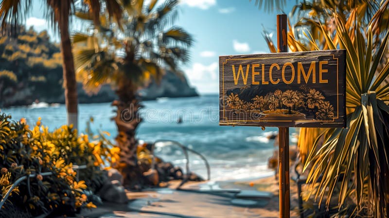 A Sign that Says "welcome" is on a Post in Front of a Beach Stock ...