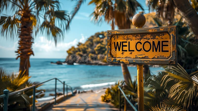 A Sign that Says "welcome" is on a Post in Front of a Beach Stock ...