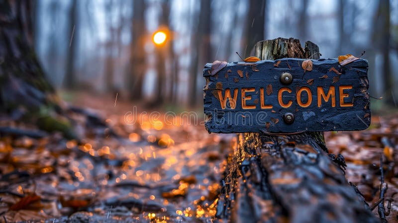 A Sign that Says "welcome" is on a Tree Stump in a Forest Stock ...