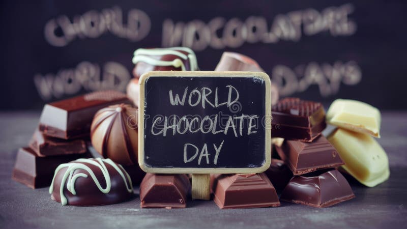 A Sign that Says World Chocolate Day and a Pile of Chocolates, AI Stock ...