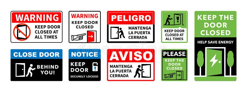 Sign Set of Notice Keep Door Closed on Isolated White Background ...