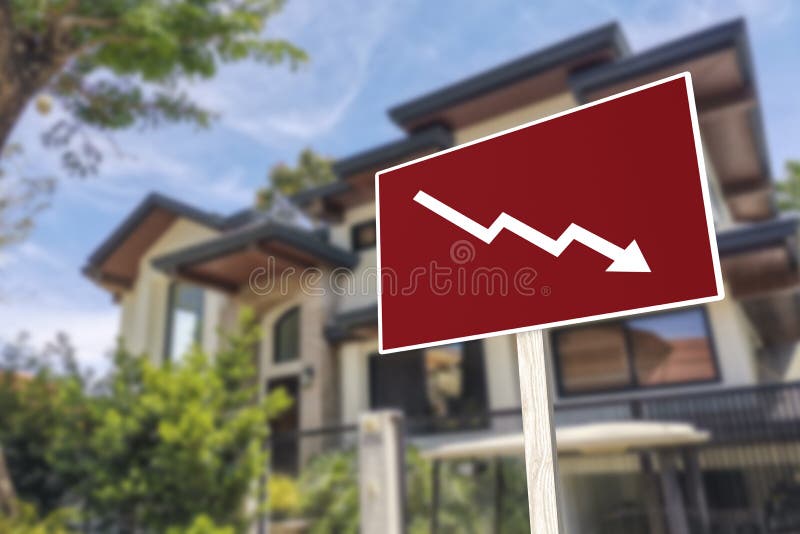 A Sign Showing an Downward Arrow in Front of a House. Concept of ... A Sign Showing an Downward Arrow in Front of a House. Concept of ...