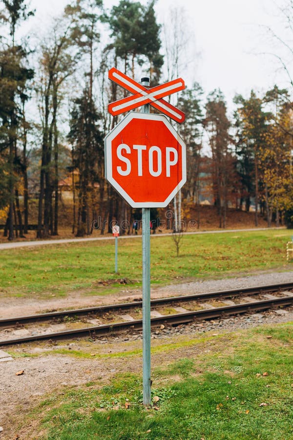 The Sign of a Stop at a Railway Crossing. a Red Mark on a Railway ...