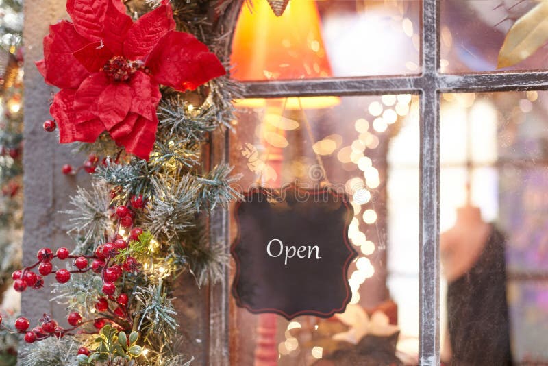 Sign on the Store with the Inscription Open. Decorated with Christmas ...