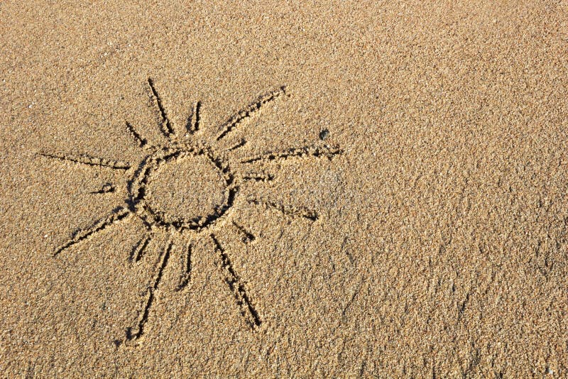 Sign of Sun Painted on Sandy Seashore Stock Photo - Image of heat, logo ...
