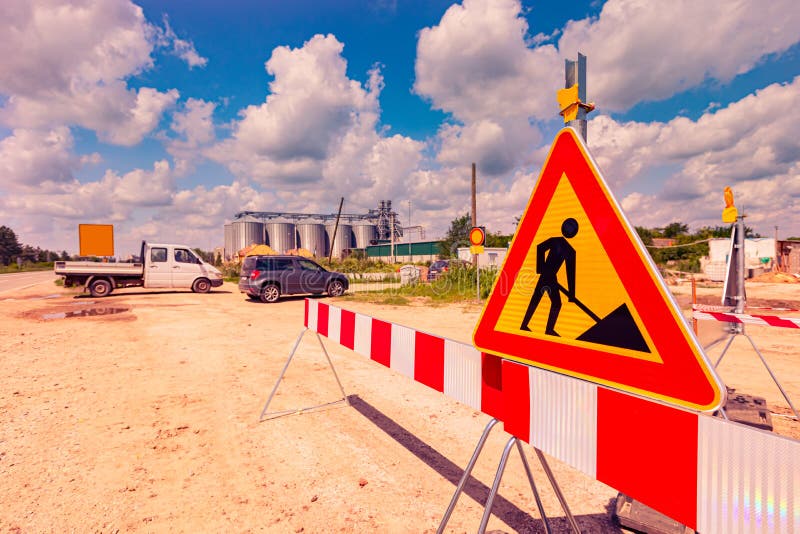 Sign with Symbol of Warning at Construction Zone Area Stock Image ...