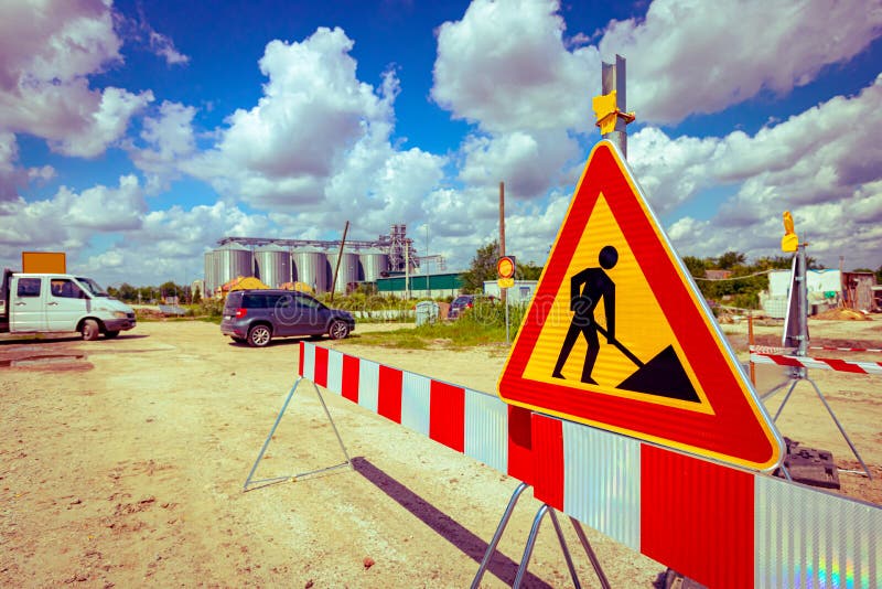 Sign with Symbol of Warning at Construction Zone Area Stock Image ...