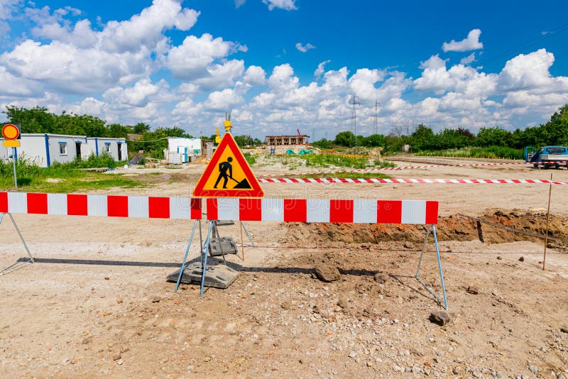 Sign with Symbol of Warning at Construction Zone Area Stock Image ...
