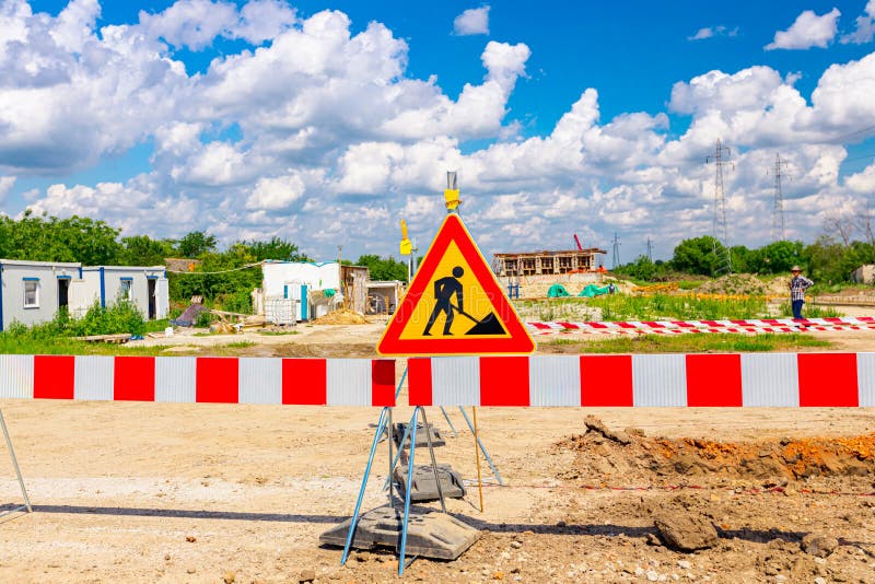 Sign with Symbol of Warning at Construction Zone Area Stock Photo ...