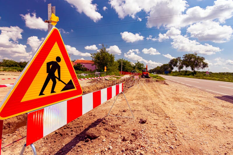 Sign with Symbol of Warning at Construction Zone Area Stock Photo ...