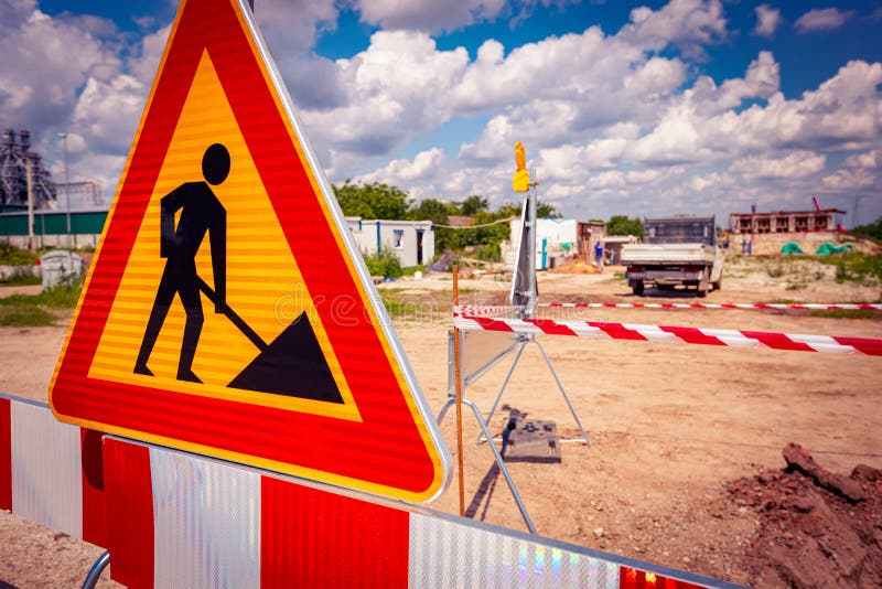 Sign with Symbol of Warning at Construction Zone Area Stock Photo ...