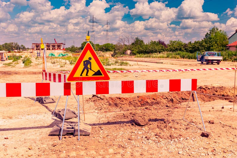 Sign with Symbol of Warning at Construction Zone Area Stock Image ...