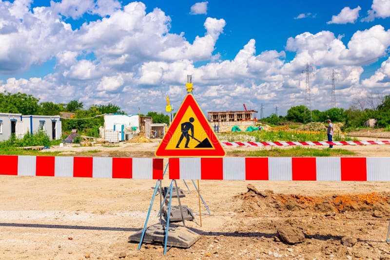 Sign with Symbol of Warning at Construction Zone Area Stock Image ...