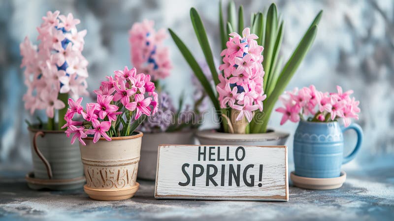 Sign with the Text HELLO SPRING Surrounded by Spring Flowers Stock ...