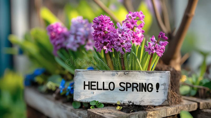 Sign with the Text HELLO SPRING Surrounded by Spring Flowers Stock ...