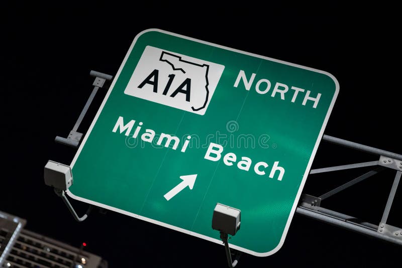 Sign To A1A North To Miami Beach Lit at Night Stock Image - Image of ...