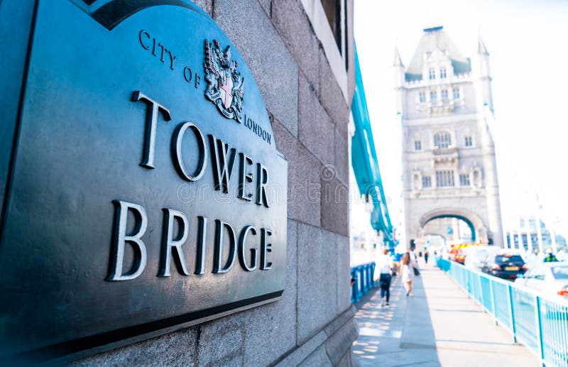 Sign of Tower bridge stock image. Image of capital, river - 160611387