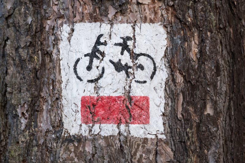 Sign on the Tree for a Red Bike Trail Stock Image - Image of bike ...