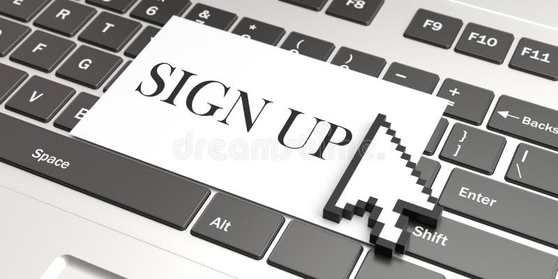 Sign Up Text Sign, Mouse Cursor Pointer, Laptop Keyboard Background. 3d ...