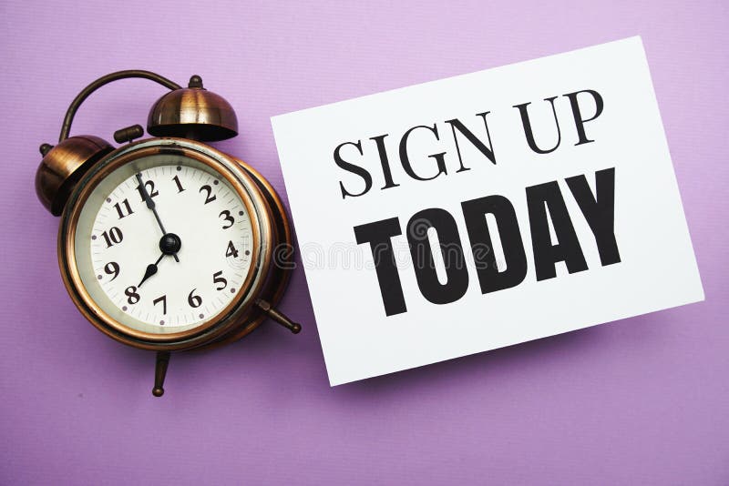 Sign Up Today Text and Alarm Clock on Purple Background Stock Image ...