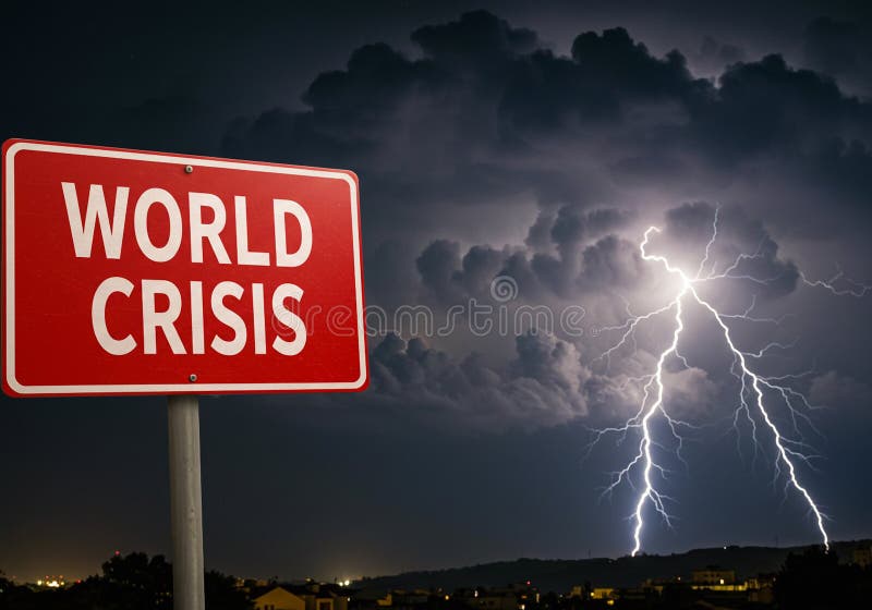 A Sign with the Words World Crisis and Dark Storm Clouds with Lightning ...