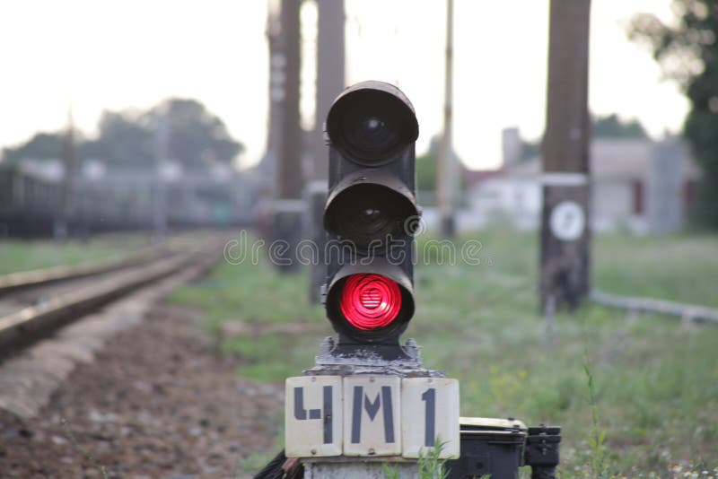 The Signal of the Traffic Light on the Railway Burns Red Means Stop ...