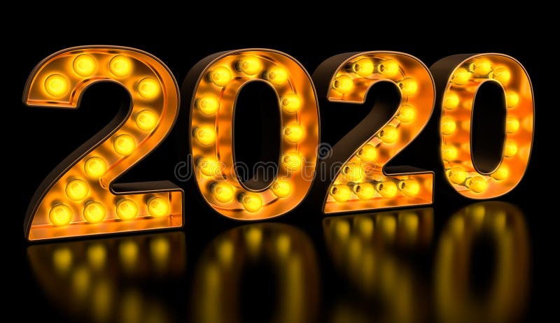 2020 Signboard from Golden Light Bulb Letters, Retro Glowing Font. 3D ...