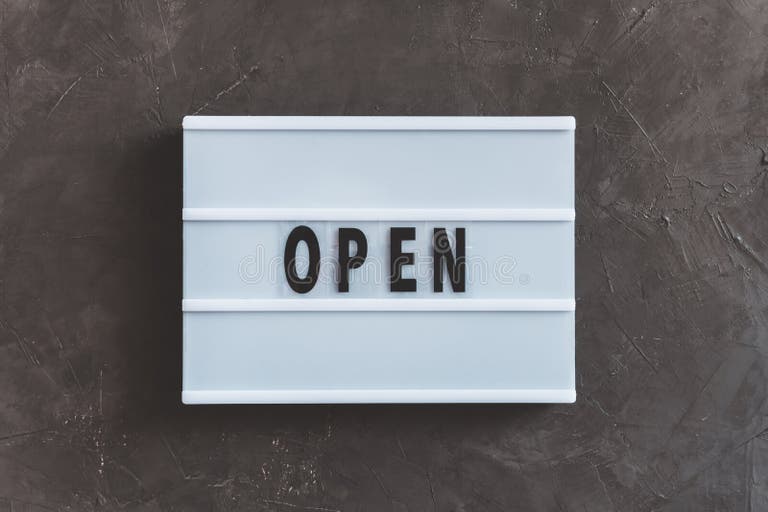 Signboard OPEN of Lightbox on Black Wall Concrete Background Stock ...