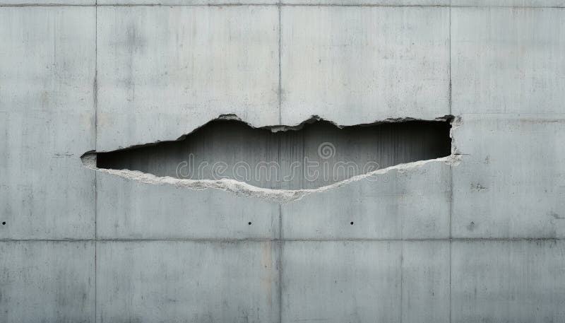 Cracked Concrete Wall with a Large Irregular Hole Exposing Darker ...