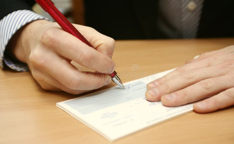 Signing of the check stock image. Image of pencil, work - 2421775