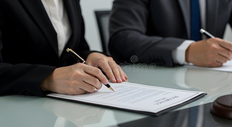 Two Business Professionals Meticulously Review and Sign Documents ...