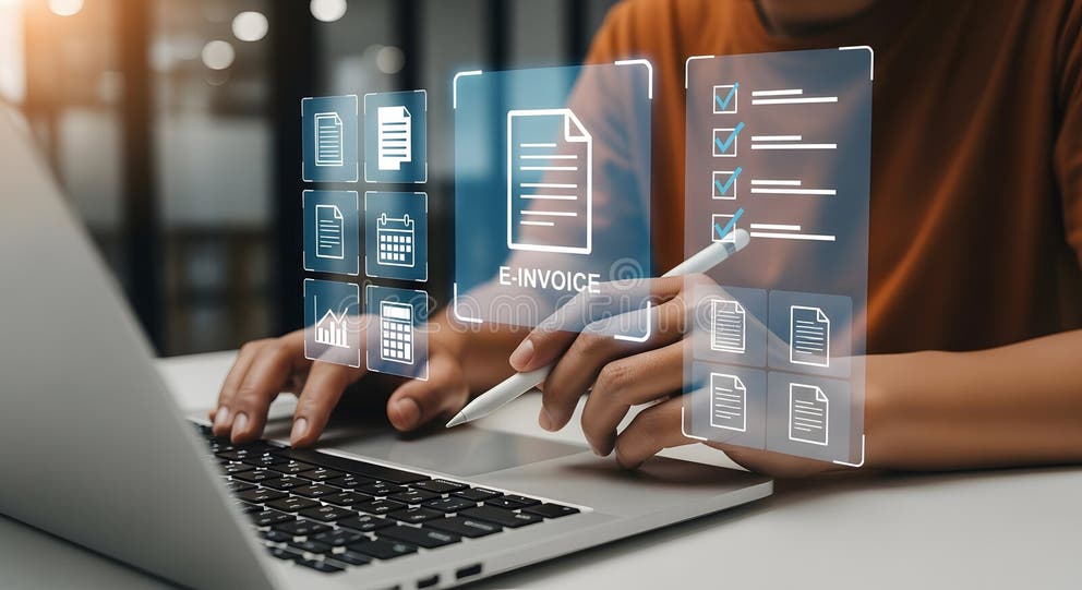Signing E-Invoices in a Modern Workspace Stock Illustration ...