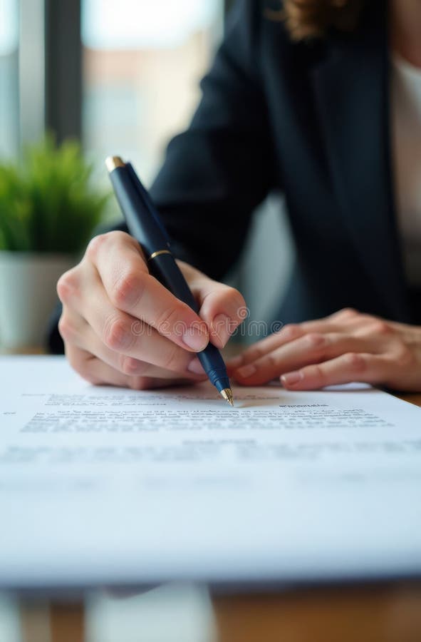 Signing Important Documents in an Office Setting with Focus on Hands ...