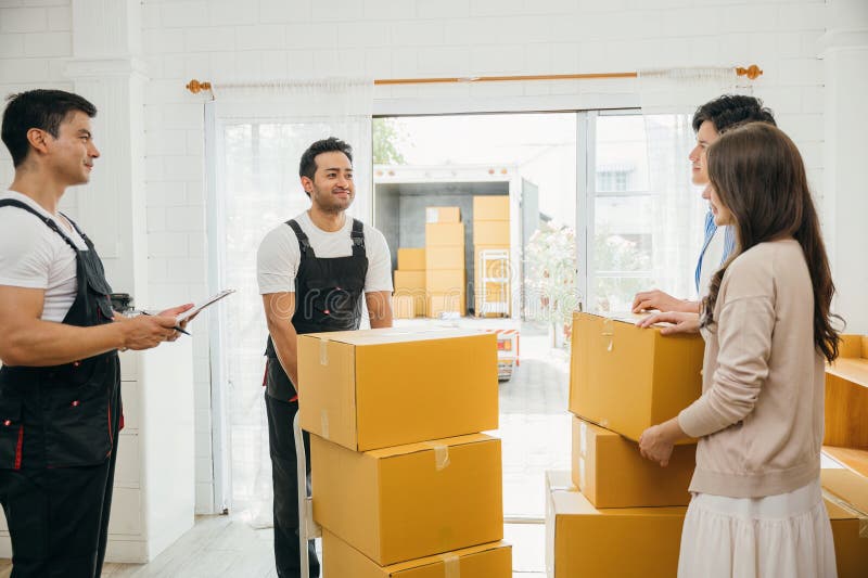 Family Inspects Checklist Signing Moving Documents Worker Uniform Stock ...