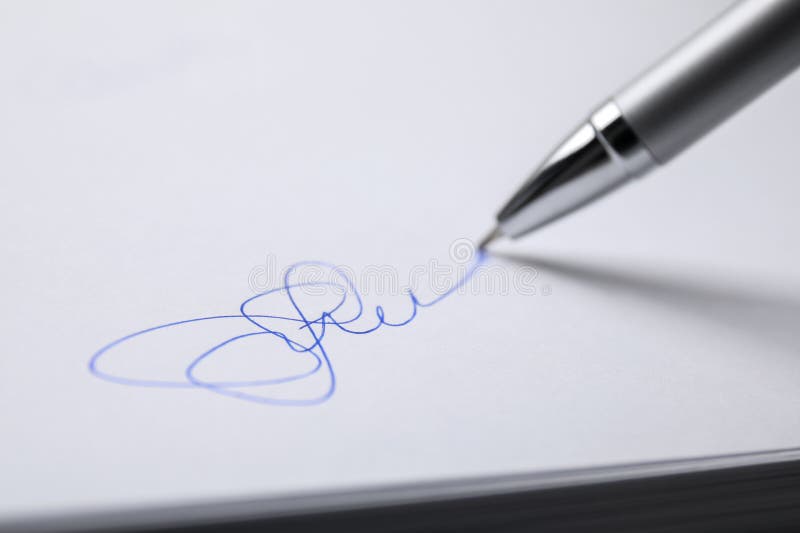 Signing on Sheet of White Paper with Pen, Closeup Stock Photo - Image ...