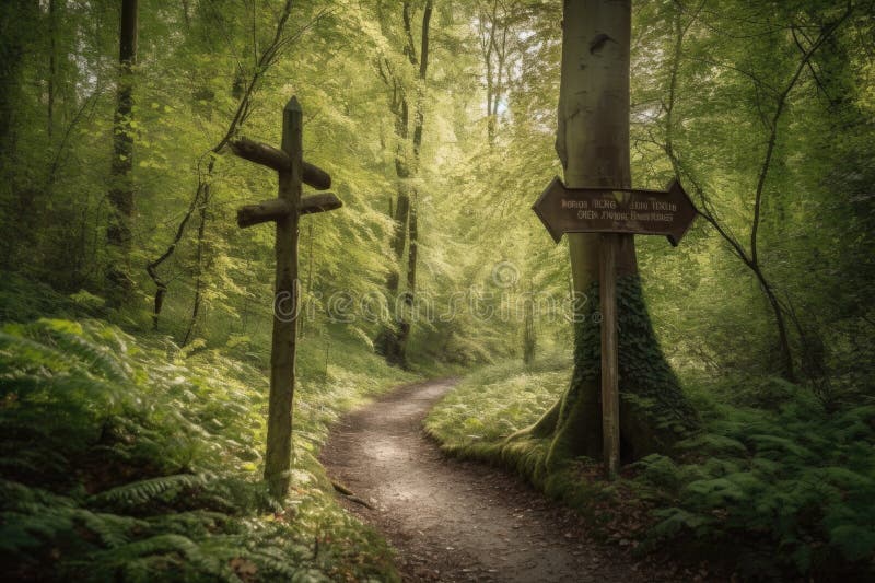 Signpost with Arrows Pointing the Way on a Forest Path Stock ...