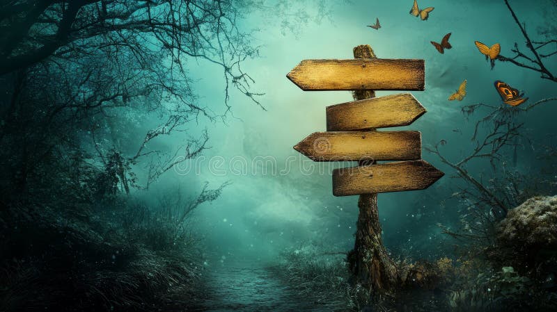 Signpost in Enchanted Forest Stock Illustration - Illustration of ...
