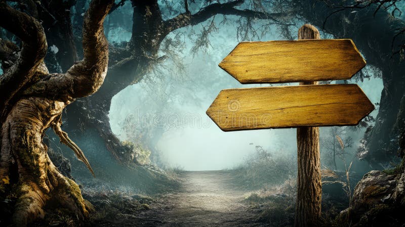 Signpost in Enchanted Forest Stock Illustration - Illustration of ...