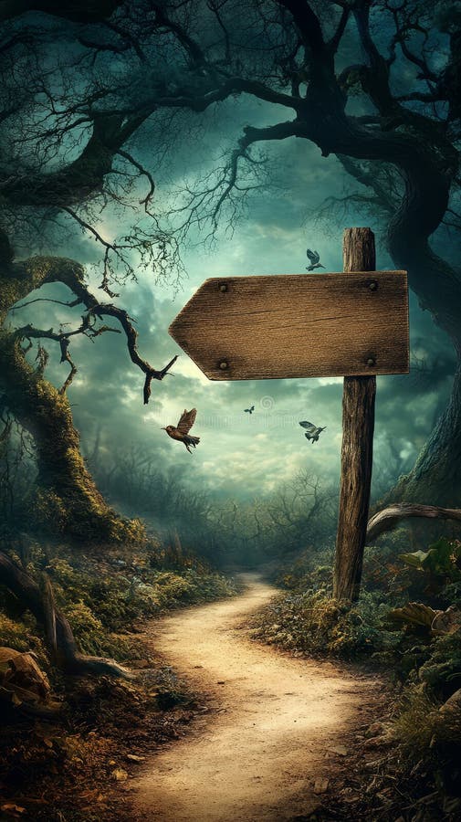 Signpost in Enchanted Forest Stock Illustration - Illustration of path ...