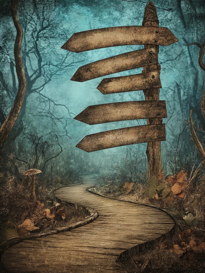 Signpost in Enchanted Forest Stock Illustration - Illustration of ...