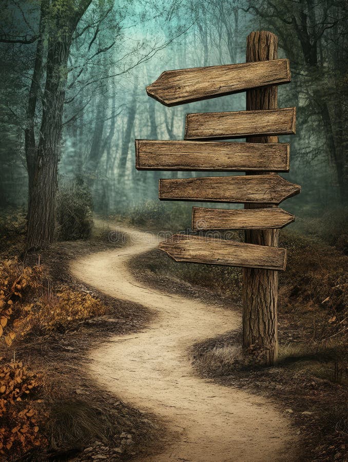 Signpost in Enchanted Forest Stock Illustration - Illustration of blank ...