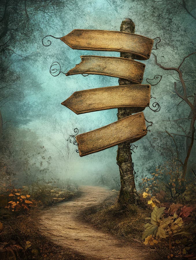 Signpost in Enchanted Forest Stock Illustration - Illustration of ...