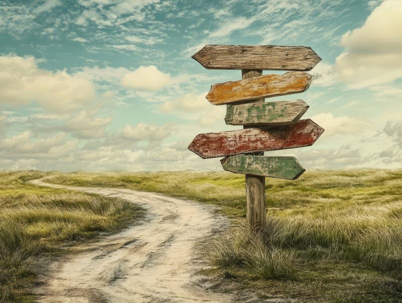 Signpost in meadow stock illustration. Illustration of path - 365394392