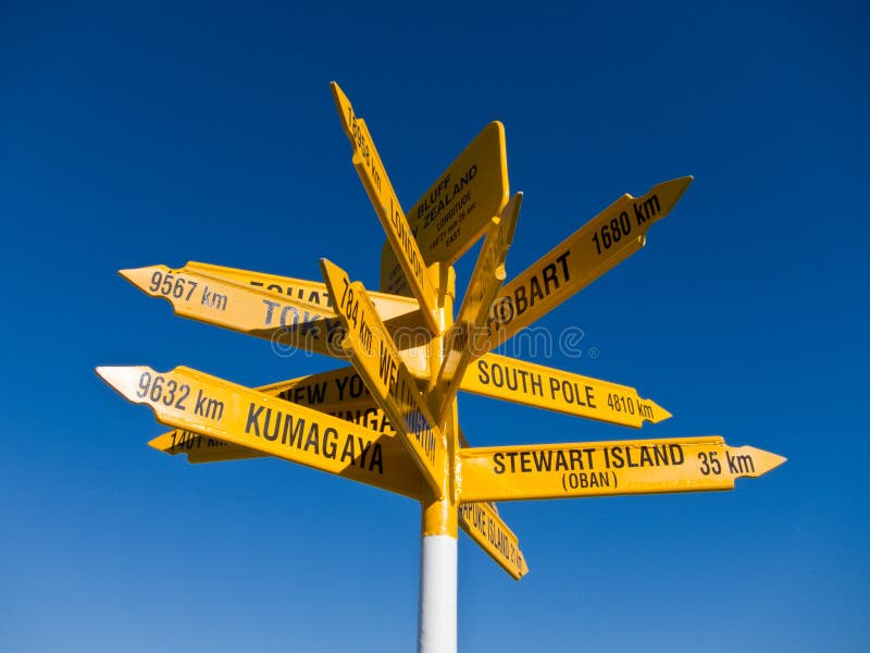 Signpost in the Stirling Point, Bluff, New Zealand Stock Photo - Image ...