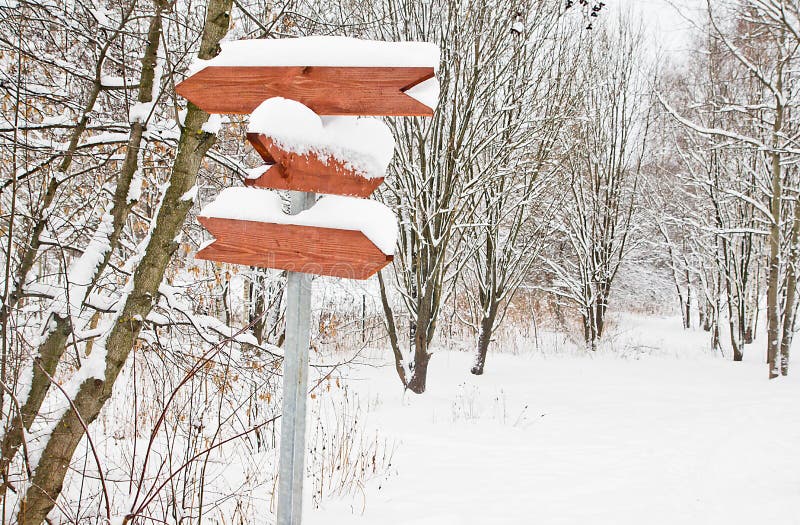 Signpost and Trees Under the Snow in a Park Stock Image - Image of ...