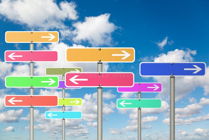 Signs with Arrow on Clouds in Sky Collage Stock Photo - Image of ...