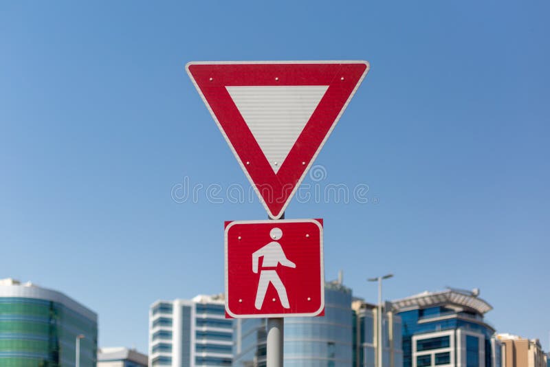 Signs Give Way and Pedestrian Crossing. Stock Photo - Image of houses ... Signs Give Way and Pedestrian Crossing. Stock Photo - Image of houses ...